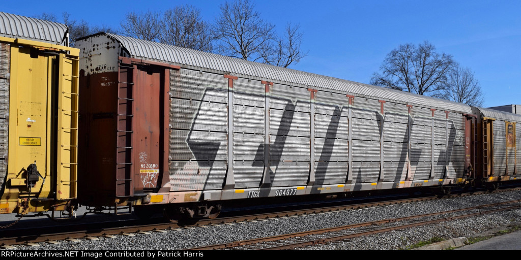 TTGX 964677 04-1973 built 12-1993 rebuilt 89-foot 4-inch flat car with NS 20680 FB-518 Thrall ...